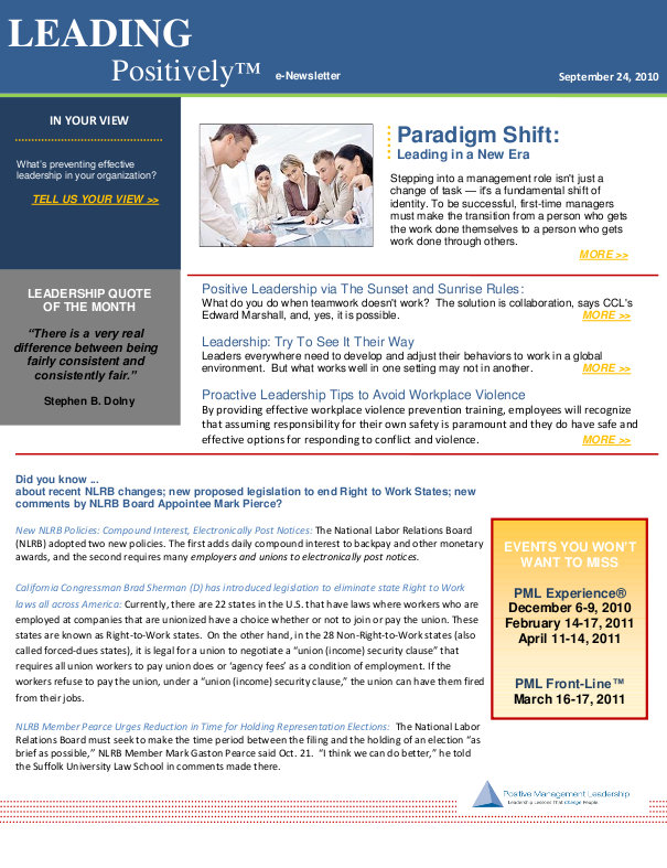Newsletters | Positive Management Leadership